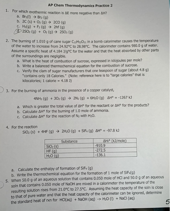 Solved AP Chem Thermodynamics Practice 2 1. For which | Chegg.com