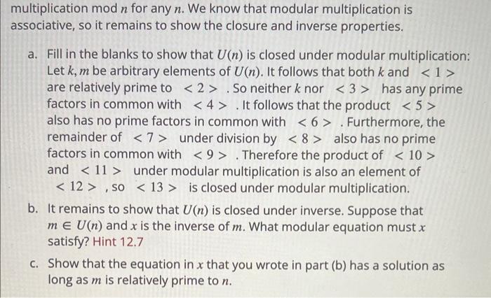Solved multiplication modn for any n. We know that modular | Chegg.com