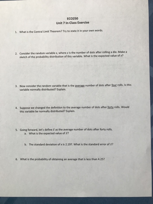 Solved Eco250 Unit 7 In Class Exercise 1 What Is The
