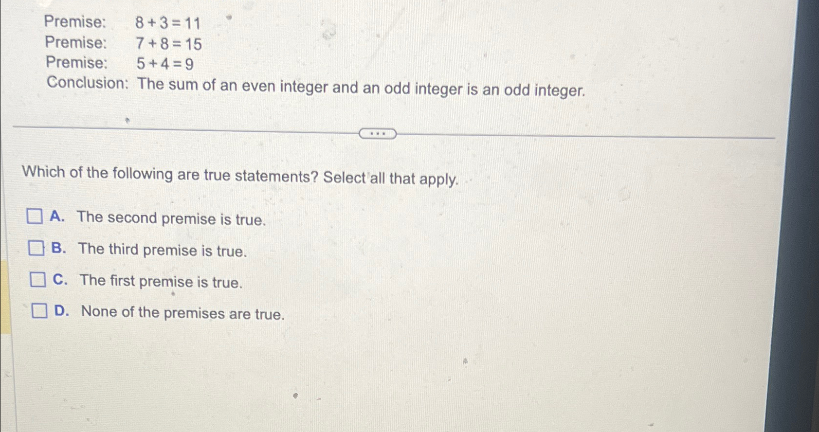 Solved Premise: ,8+3=11Premise: ,7+8=15Premise: | Chegg.com