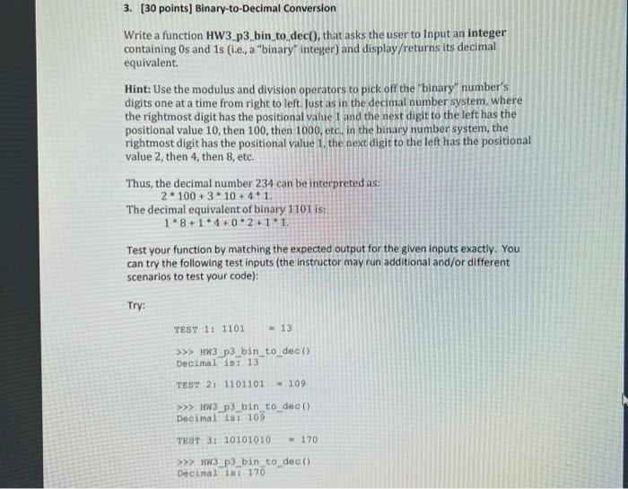 Solved 3. [30 points] Binary-to-Decimal Conversion Write a | Chegg.com
