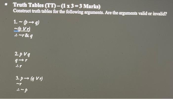 Solved • Truth Tables (TT)-(1x3=3 Marks) Construct truth | Chegg.com