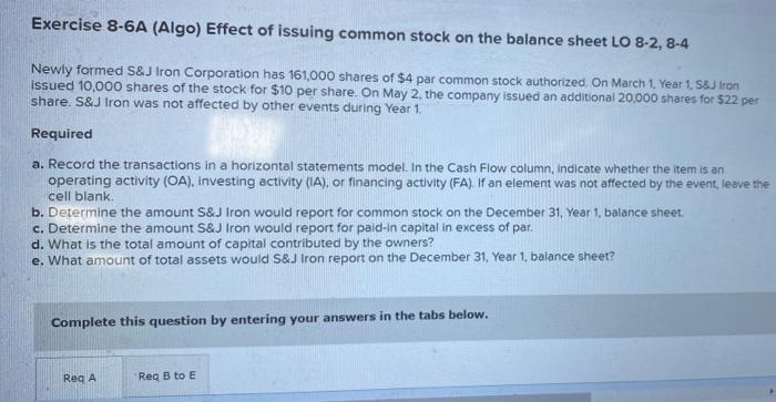 Solved Exercise 8-6A (Algo) Effect of issuing common stock | Chegg.com