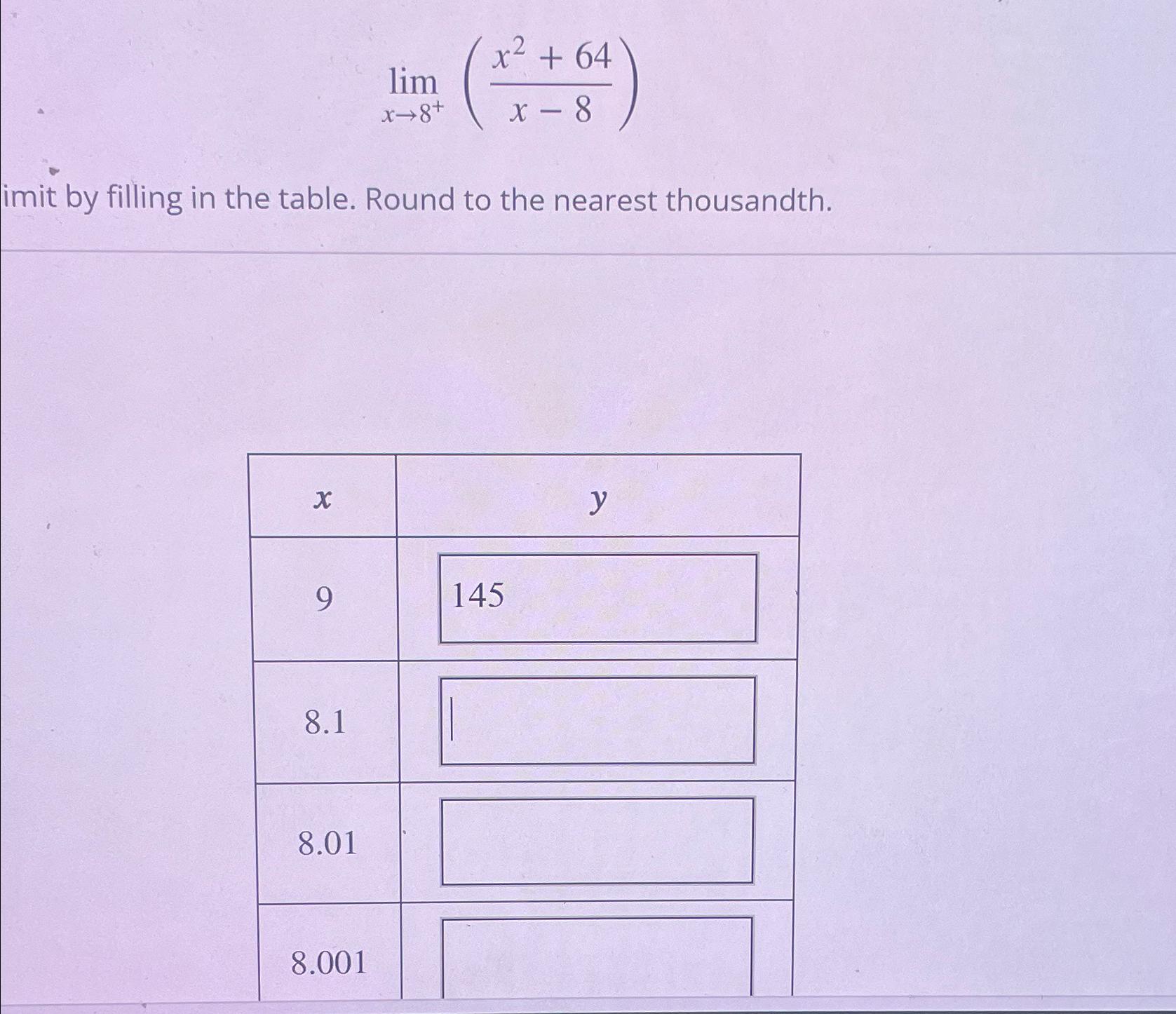 Solved limx→8+(x2+64x-8)imit by filling in the table. Round | Chegg.com