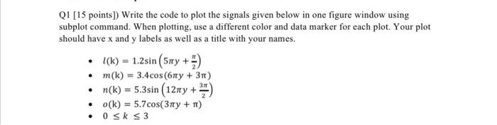 Solved Q1 [15 points]) Write the code to plot the signals | Chegg.com