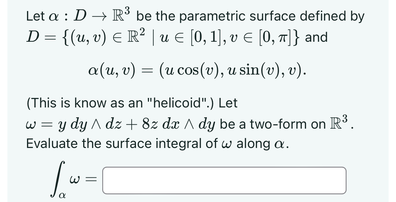 Solved Let α:D→R3 ﻿be the parametric surface defined by | Chegg.com