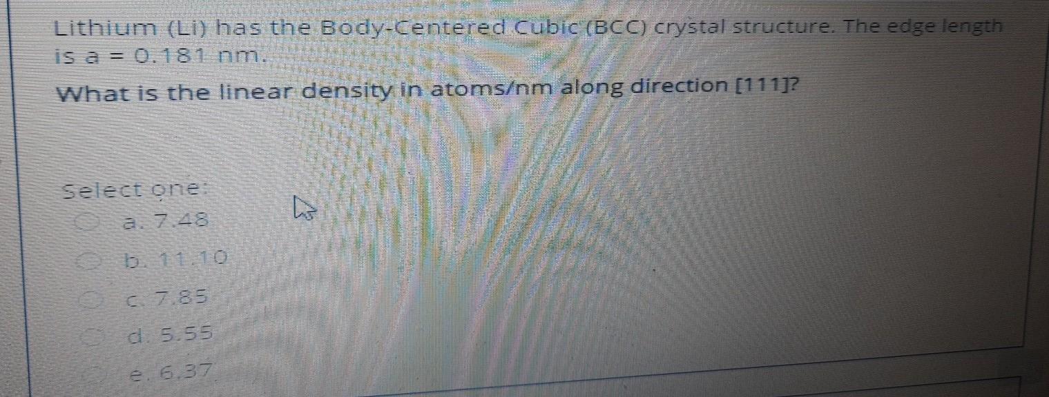 Solved Lithium (Li) has the Body-Centered Cubic (BCC) | Chegg.com