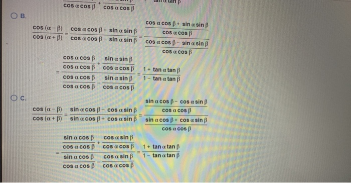 Solved Establish the identity cos (a-B) cos (a+B) 1+tan a | Chegg.com