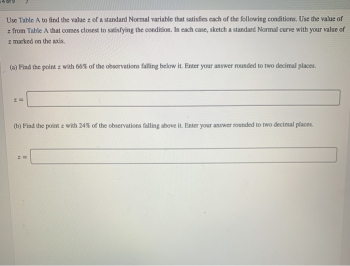 Solved Use Table A to find the value z of a standard Normal | Chegg.com