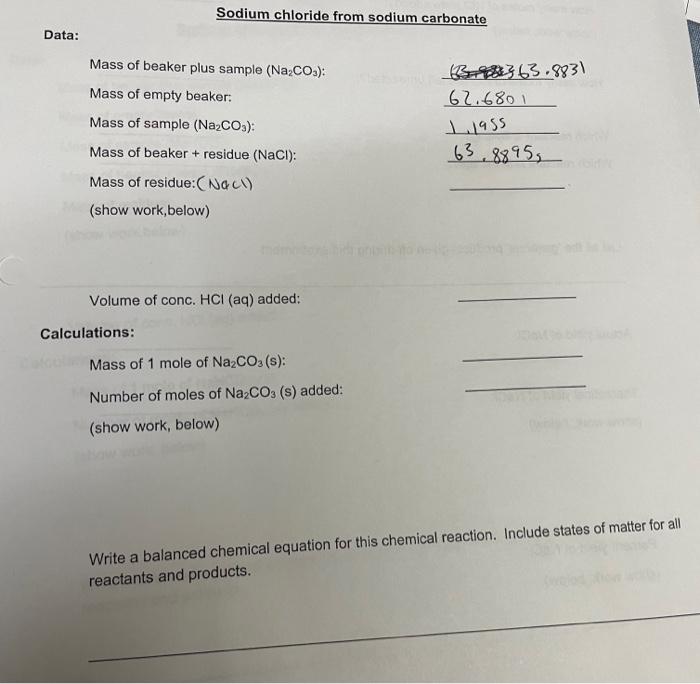 Solved Sodium chloride from sodium carbonate Volume of conc. | Chegg.com
