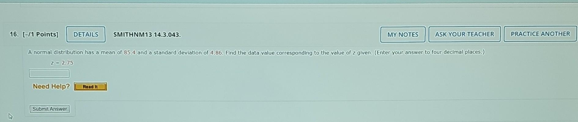 Solved [-/1 Points] SMITHNM13 14.3.043. A normal | Chegg.com