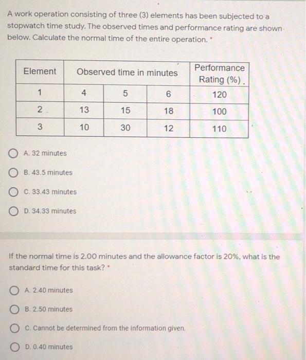 Solved A work operation consisting of three (3) elements has | Chegg.com