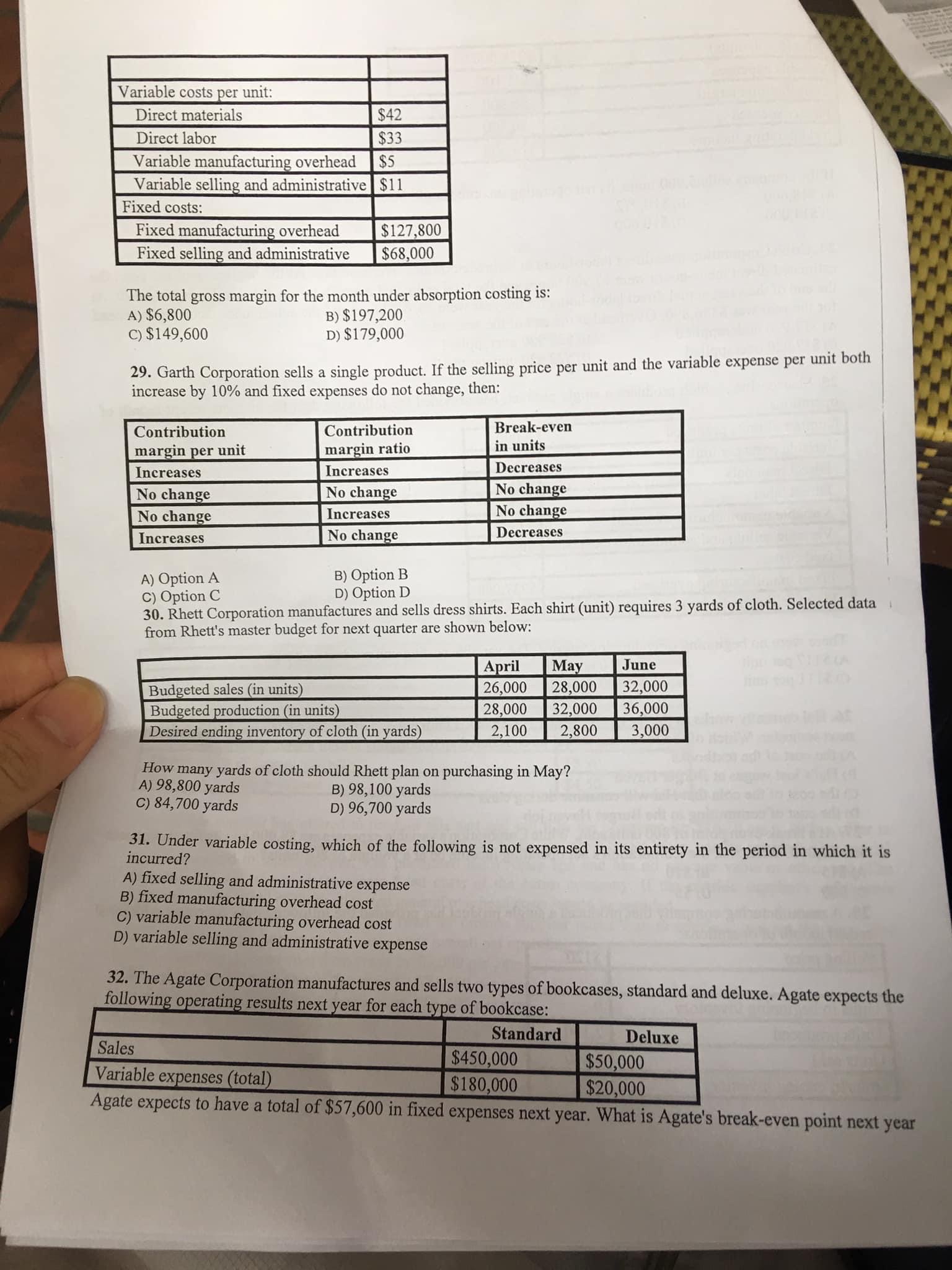 \table[[,],[Variable costs per unit:,],[Direct | Chegg.com