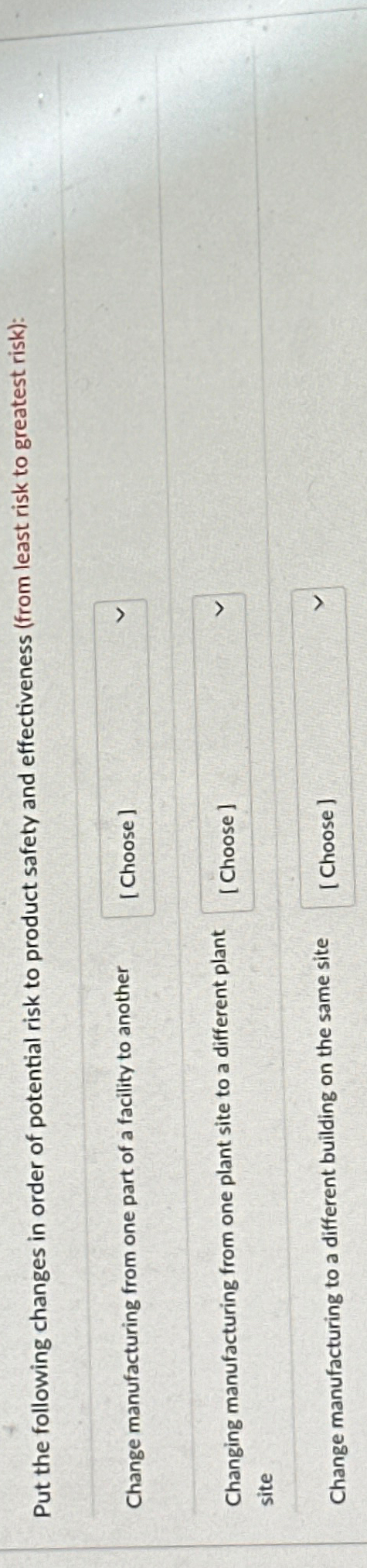 Solved Put the following changes in order of potential risk | Chegg.com