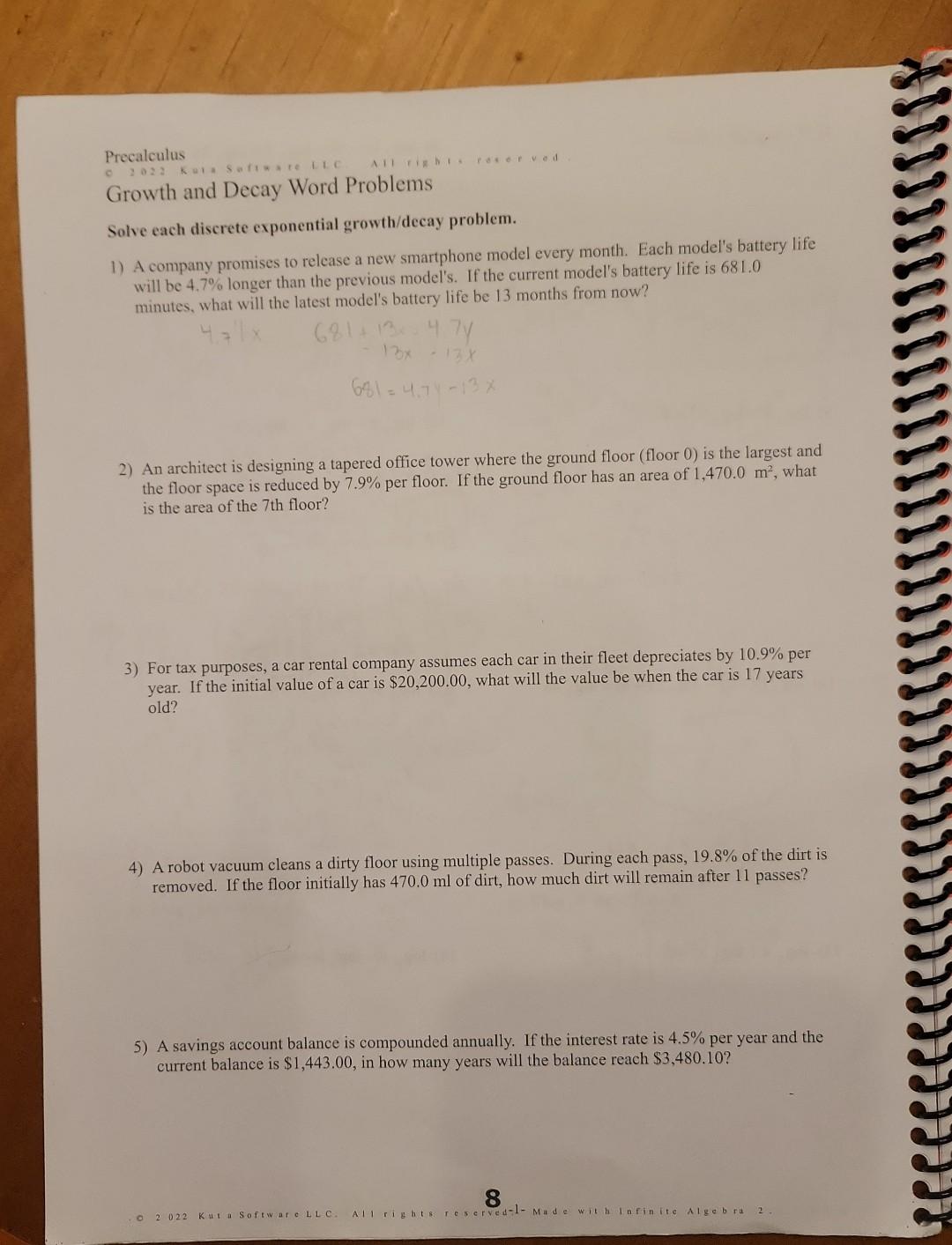 Precalculus Growth and Decay Word Problems Solve each | Chegg.com