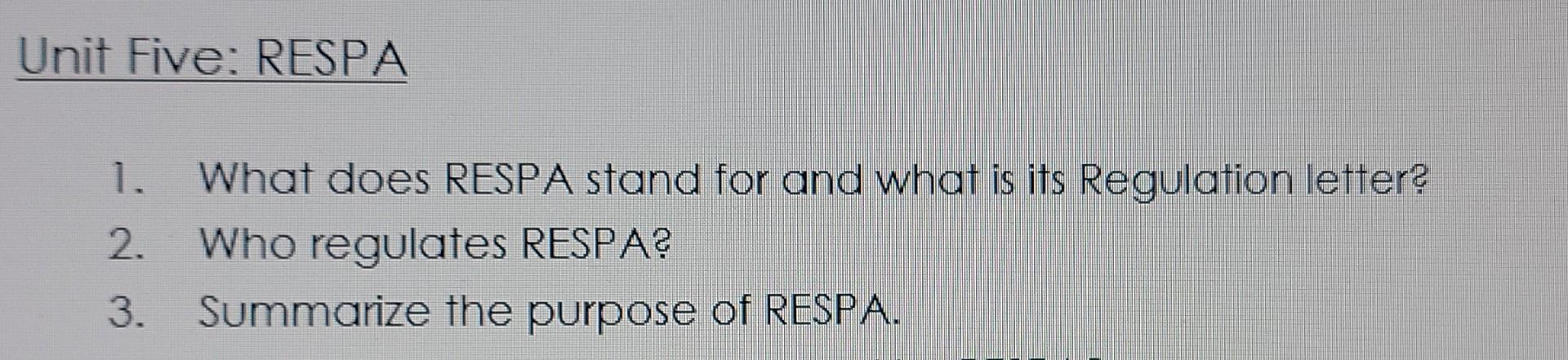 Solved Unit Five: RESPA 1. 2. What does RESPA stand for and | Chegg.com