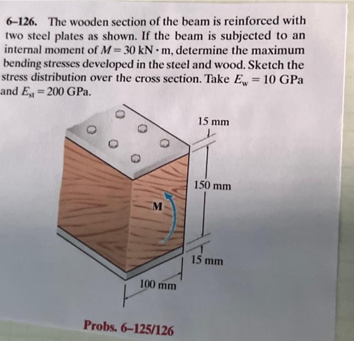 Solved 6-126. The wooden section of the beam is reinforced | Chegg.com