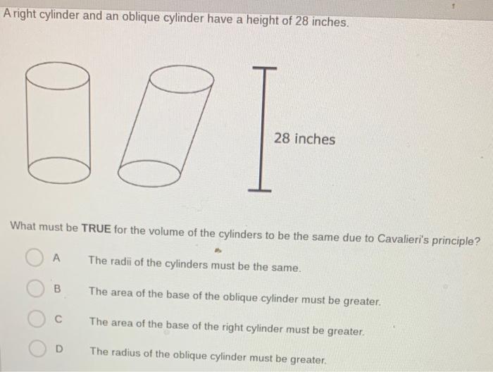 Solved A right cylinder and an oblique cylinder have a | Chegg.com