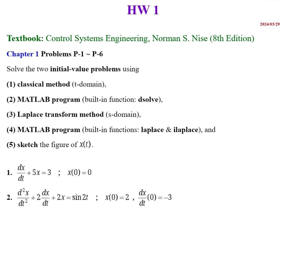 Solved HW 12024/03/29Textbook: Control Systems Engineering, | Chegg.com