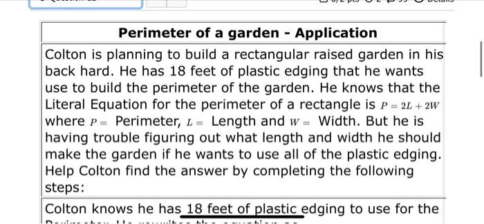 Solved Perimeter of a garden - Application Colton is | Chegg.com