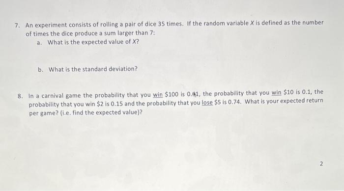 Solved 7. An experiment consists of rolling a pair of dice | Chegg.com