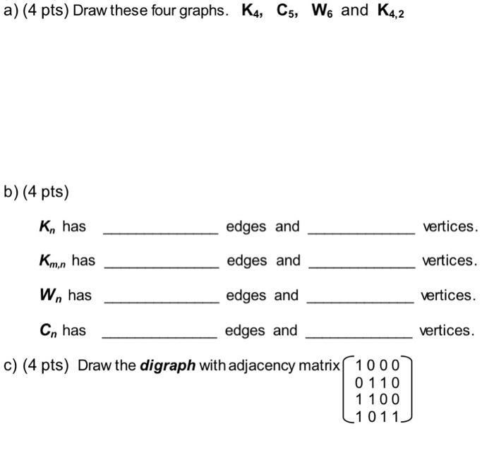 Solved a) (4 pts) Draw these four graphs. K4, C5, W6 and | Chegg.com