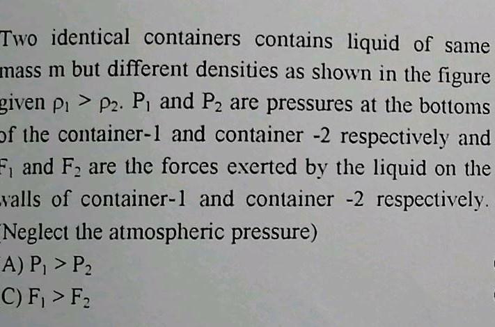 Solved Two identical containers contains liquid of same mass | Chegg.com