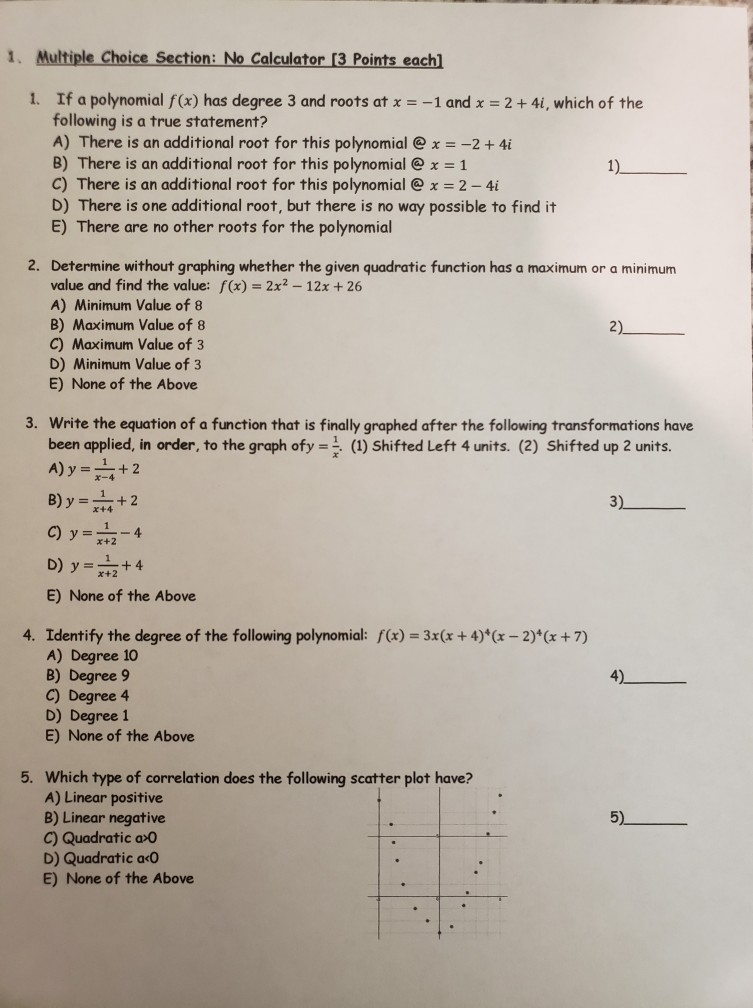Solved 1. Multiple Choice Section: No Calculator (3 Points | Chegg.com