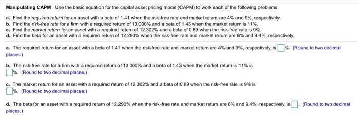 Solved Manipulating CAPM Use the basic equation for the | Chegg.com