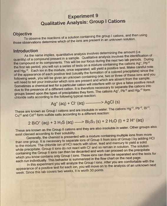 Solved Experiment Qualitative Analysis: Group 1 Cations | Chegg.com