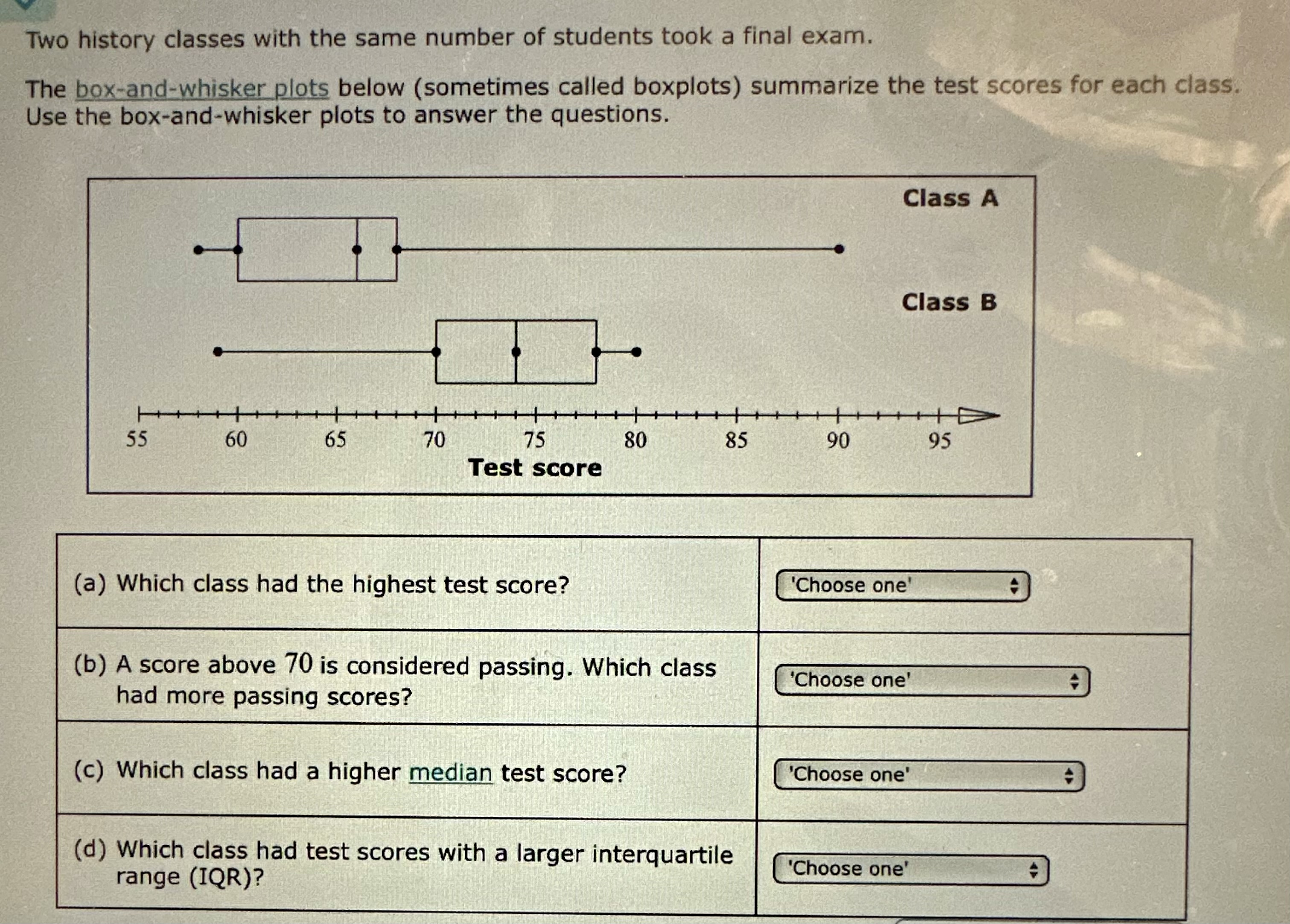 Solved \table[[\table[[(a) ﻿Which class had the highest test | Chegg.com