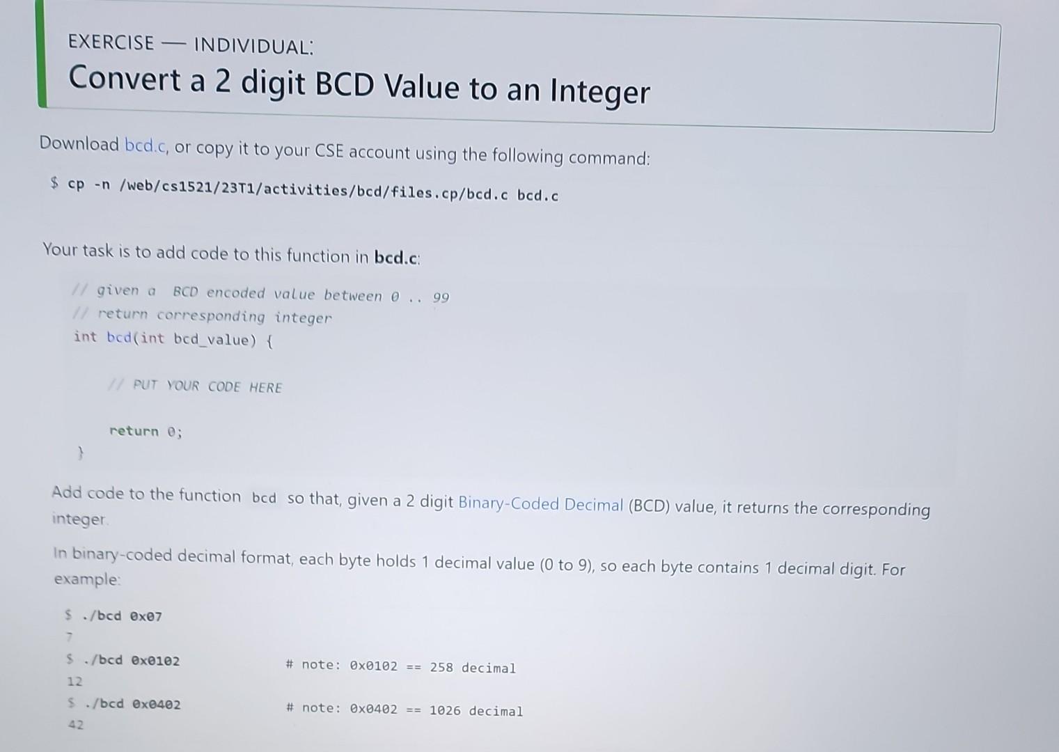 Solved EXERCISE - INDIVIDUAL: Convert a 2 digit BCD Value to | Chegg.com