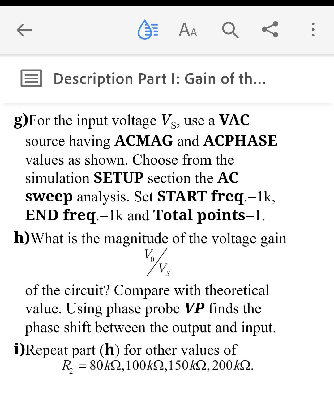 Solved Fig. 2: Non-Inverting AmplifierDescription Part I: | Chegg.com