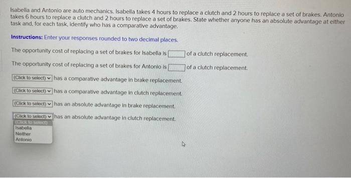 Solved Isabella and Antonio are auto mechanics. Isabella | Chegg.com