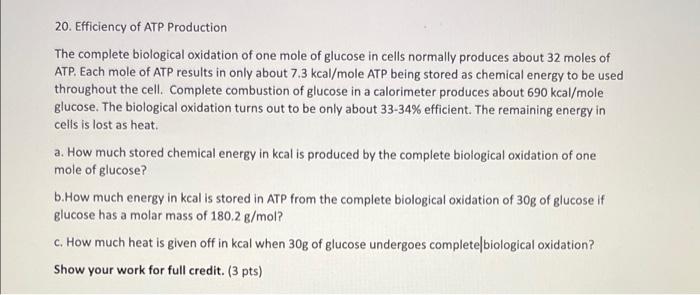 Solved 20. Efficiency of ATP Production The complete | Chegg.com