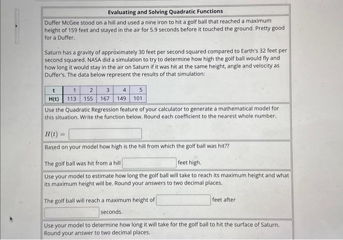 Solved Evaluating and Solving Quadratic Functions Duffer | Chegg.com