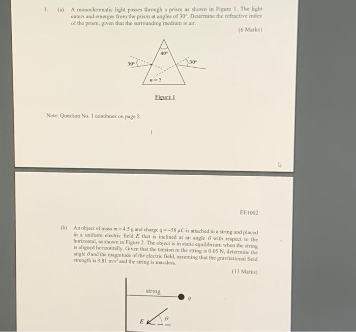 Solved 1. (a) A monochromatic light passes through a prism | Chegg.com