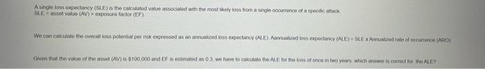 Solved A single loss expectancy (SLE) is the calculated | Chegg.com