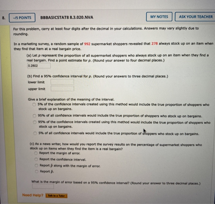 Solved 8. -/5 POINTS BBBASICSTAT8 8.3.020.NVA MY NOTES ASK | Chegg.com