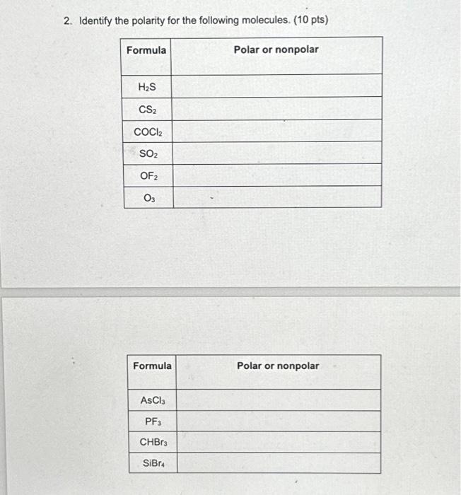 Solved 2. Identify the polarity for the following molecules. | Chegg.com