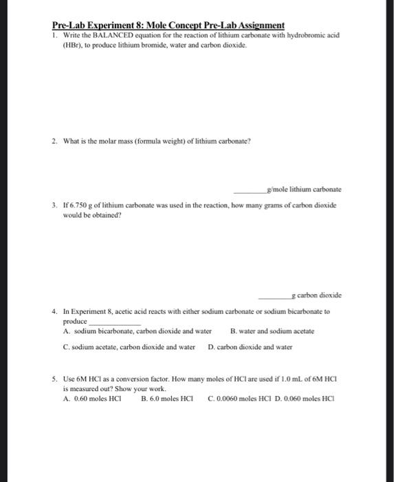 Solved Pre-Lab Experiment 8: Mole Concept Pre-Lab Assignment | Chegg.com