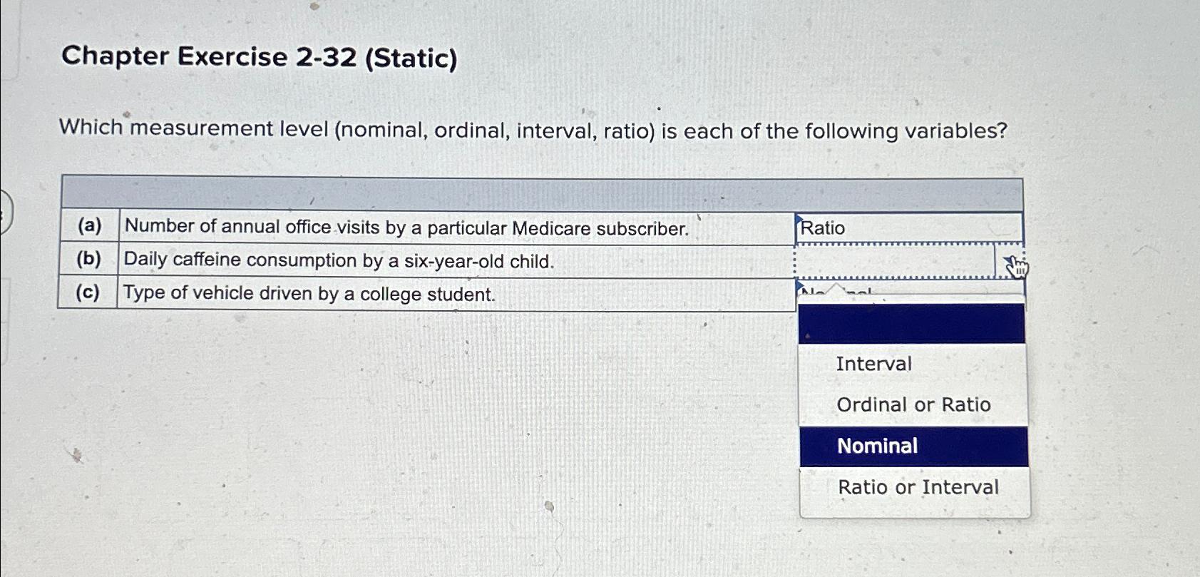 Solved Chapter Exercise 2-32 (Static)Which measurement level | Chegg.com