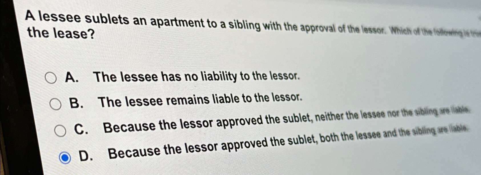 Solved A lessee sublets an apartment to a sibling with the | Chegg.com