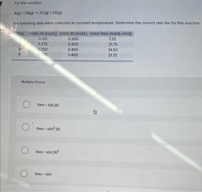 Solved For the reaction A(g)+2 B(g)→2C(g)+2D(g) the | Chegg.com