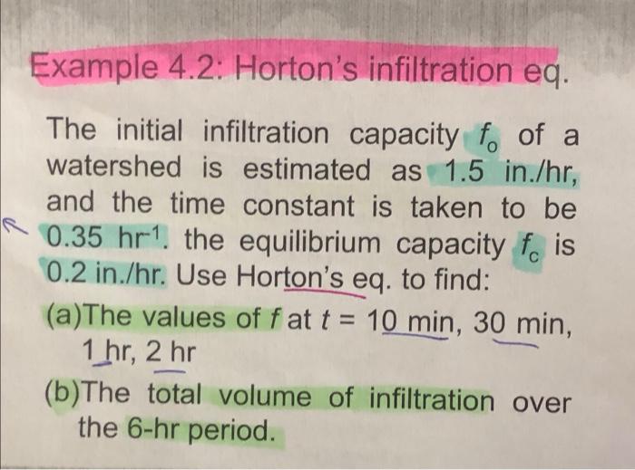 Solved Example 4.2: Horton's infiltration eq. The initial | Chegg.com