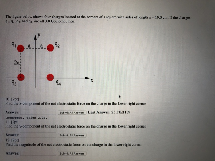 Solved The figure below shows four charges located at the | Chegg.com