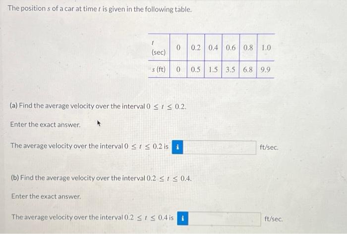 Solved The position s of a car at time t is given in the | Chegg.com