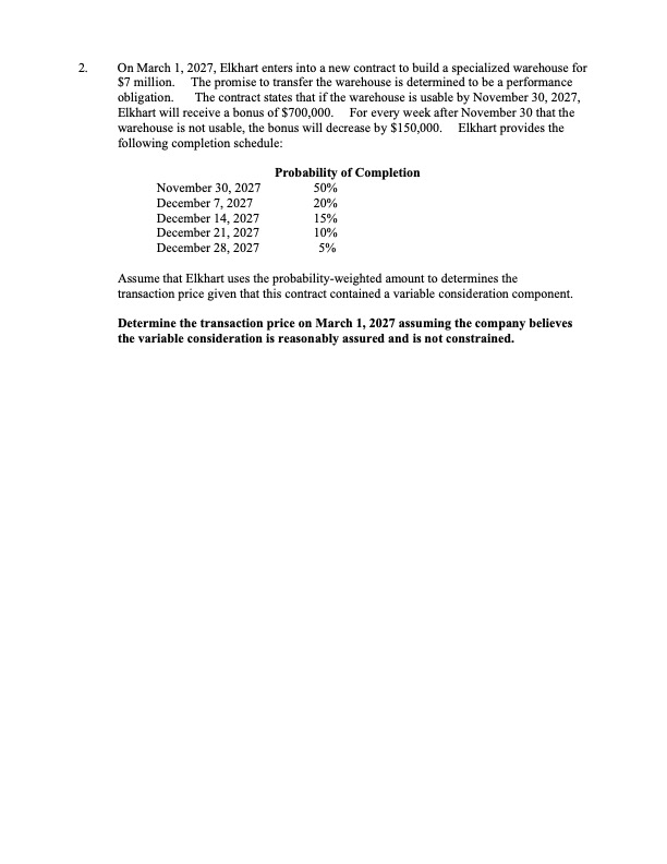 Solved On March 1, 2027, ﻿Elkhart enters into a new contract | Chegg.com