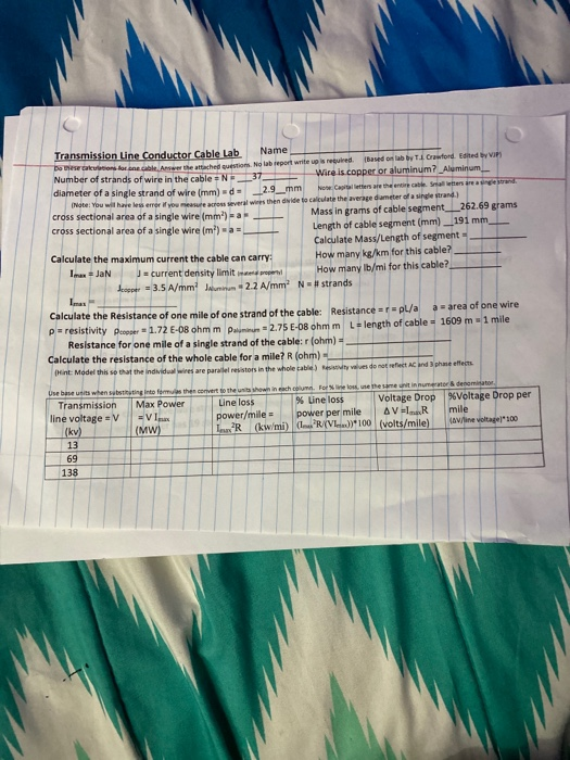 Solved Transmission Line Conductor Cable Lab Name De wese | Chegg.com