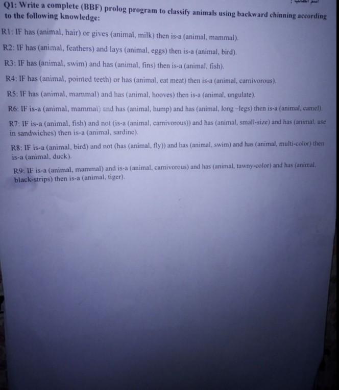 Solved Q1: Write a complete (BBF) prolog program to classify | Chegg.com